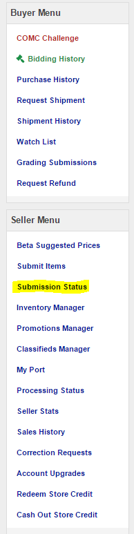 COMC Tutorial Menu – Seller – Submission Status – COMC Blog